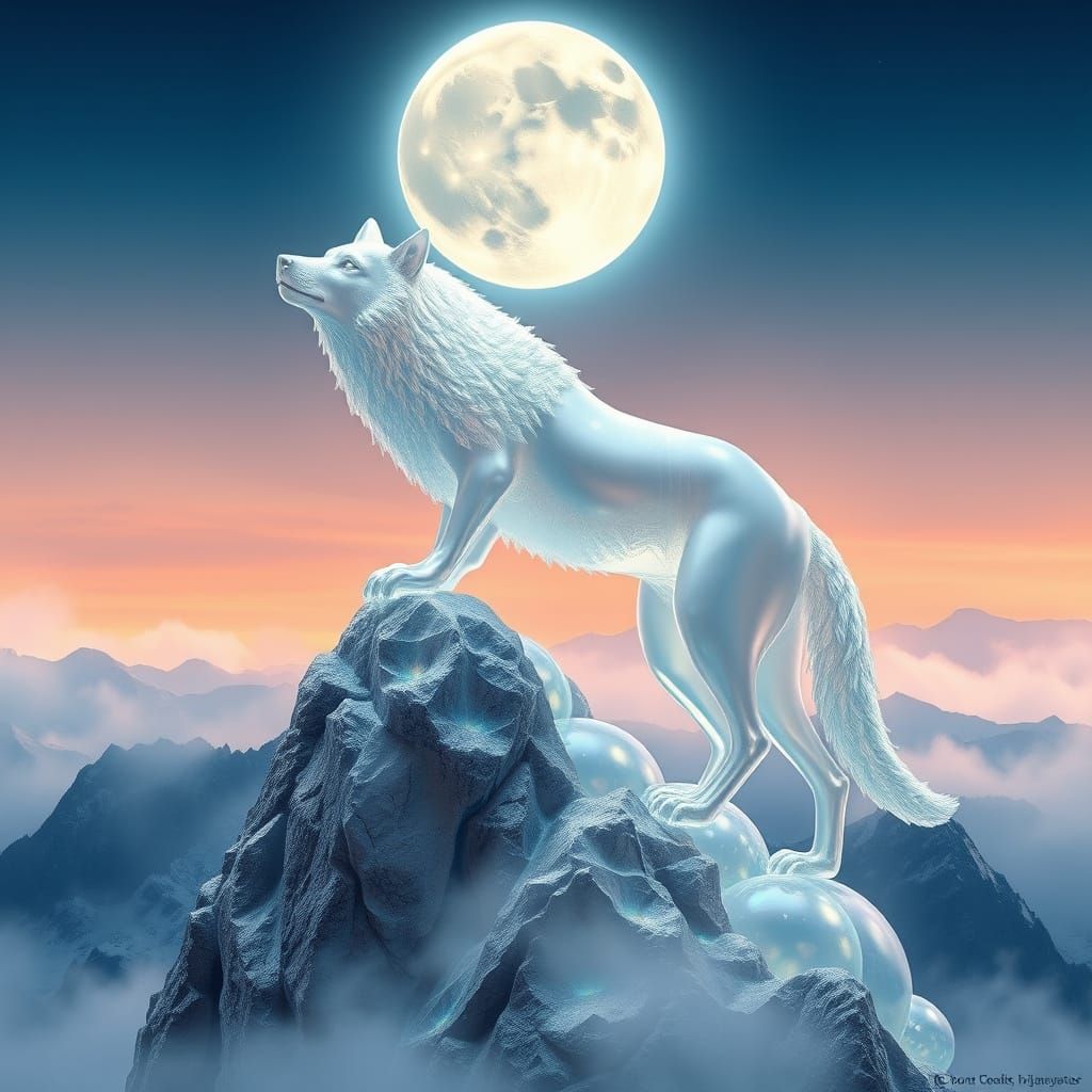 Surreal Wolf Sculpture on Mountain in Iridescent B... - AI Art