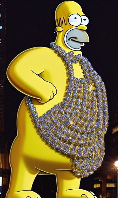 A giant gold statue of Homer Simpson wearing jewelled necklaces - AI ...
