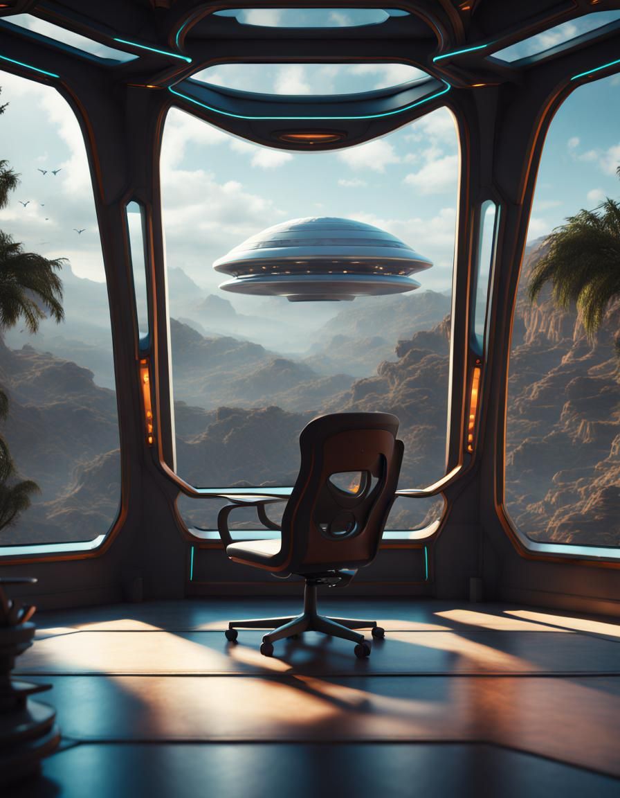 alien inside a UFO, futuristic design interior, Los Angeles visible ...