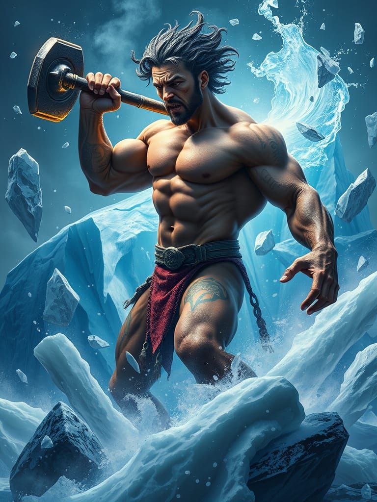 Frozen Hero Smashes Crystal Glacier with Mighty Ha... - AI Art