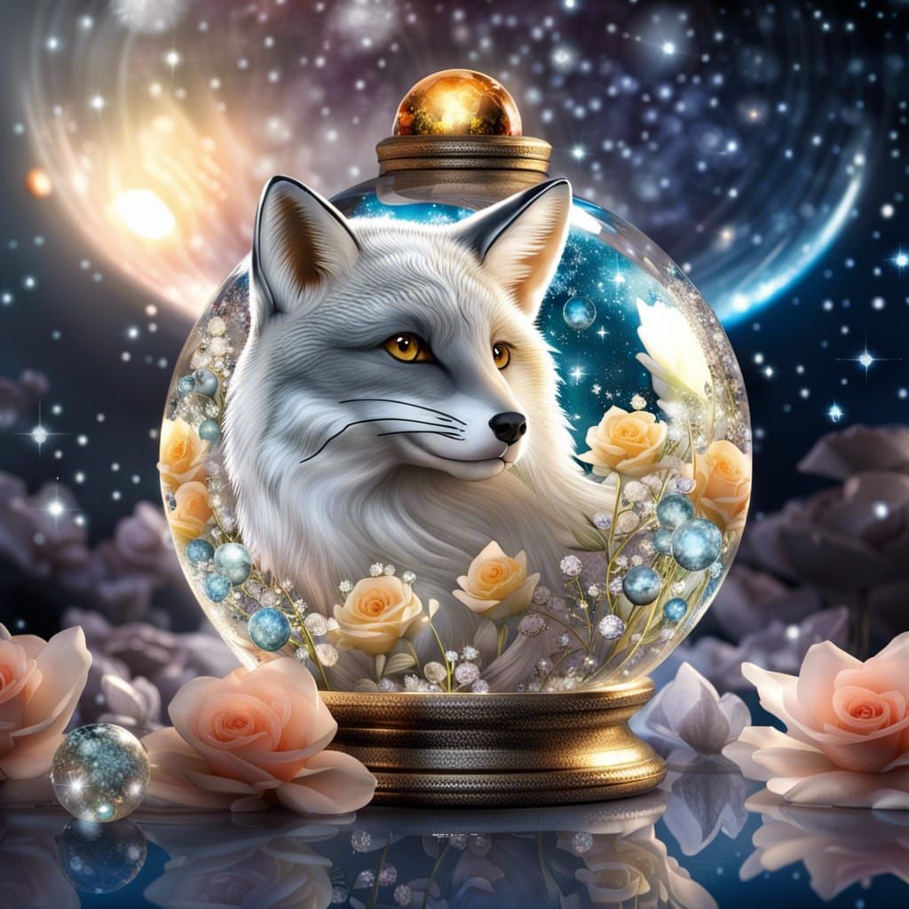 Silver Fox peeking out of an Ornate Glass Sphere - AI Generated Artwork ...