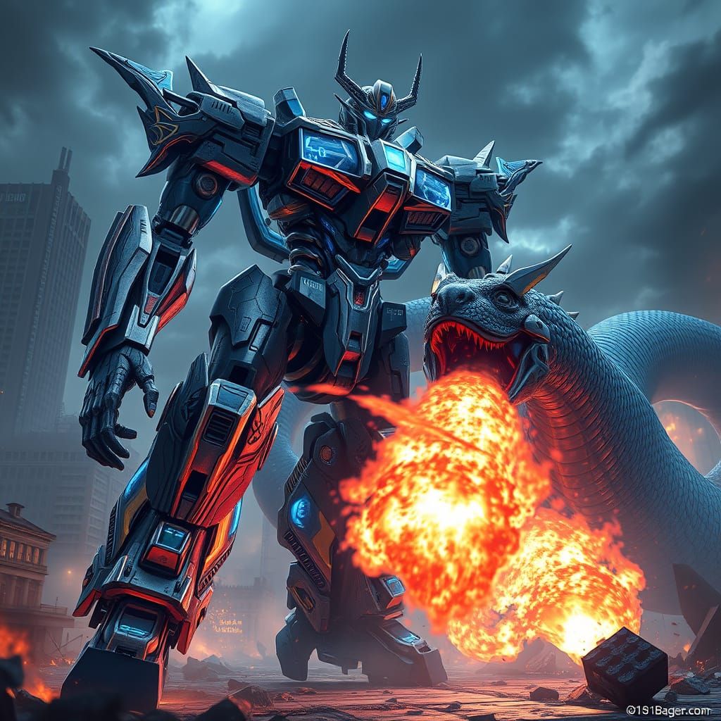 Epic Robot vs Monster Battle in Cyberpunk Style - AI Art