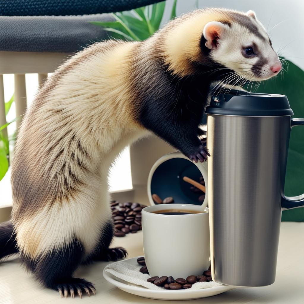 Ferrets need coffee too. - AI Generated Artwork - NightCafe Creator