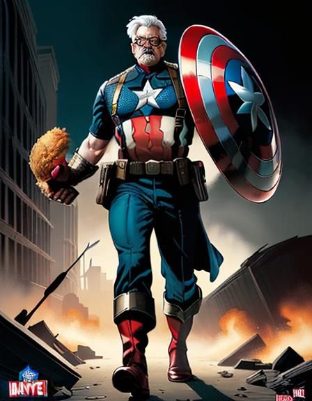 Colonel Harland David Sanders as Captain America, wield a shield and ...