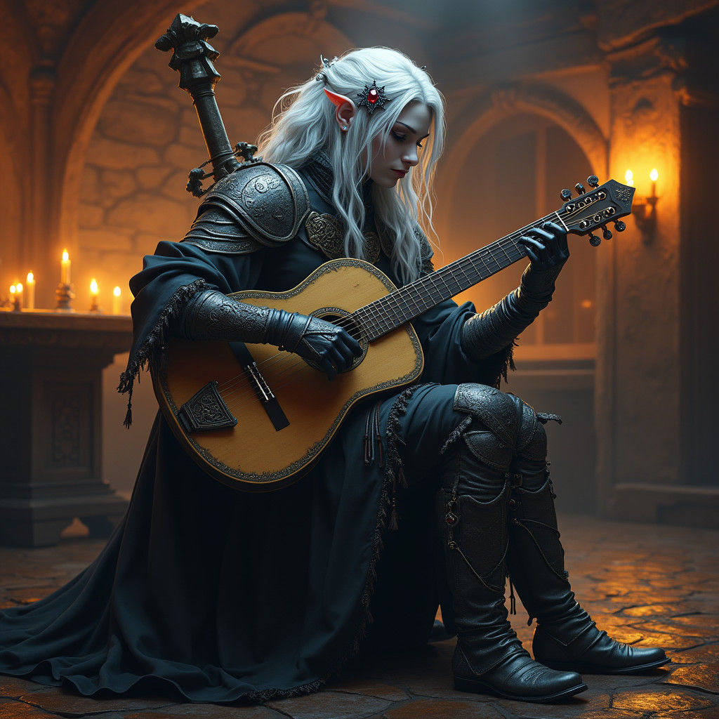 Mysterious Drow Bard Performs in a Cozy Tavern - AI Art