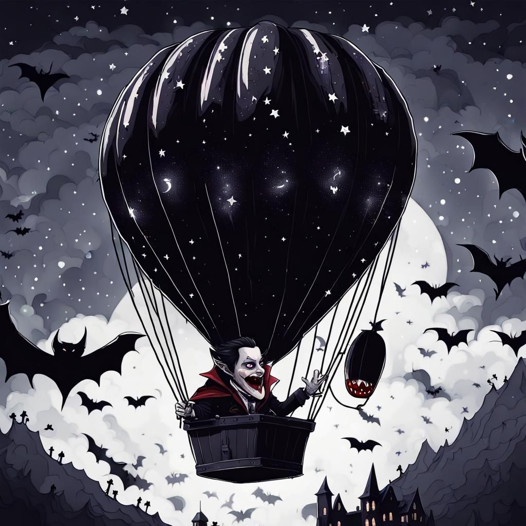 A scary vampire riding at midnight in a black hot air balloon made of ...