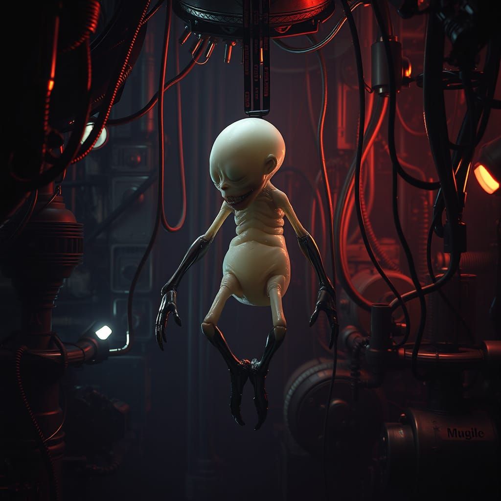 Grotesque Embryonic Cyborg in a Dark Industrial Ch... - AI Art