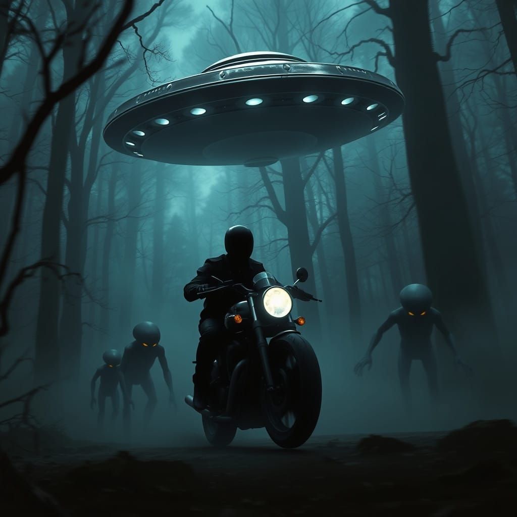 Dark Stranger Chased by Aliens in Mysterious Fores... - AI Art