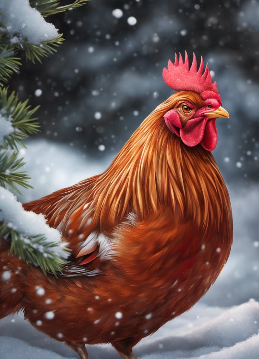 Red Hen in Snow - AI Generated Artwork - NightCafe Creator