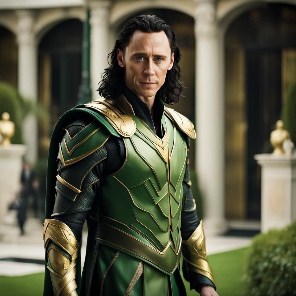 Realistic photo portrait Loki(Tom Hiddleston)wears a loki green golden ...