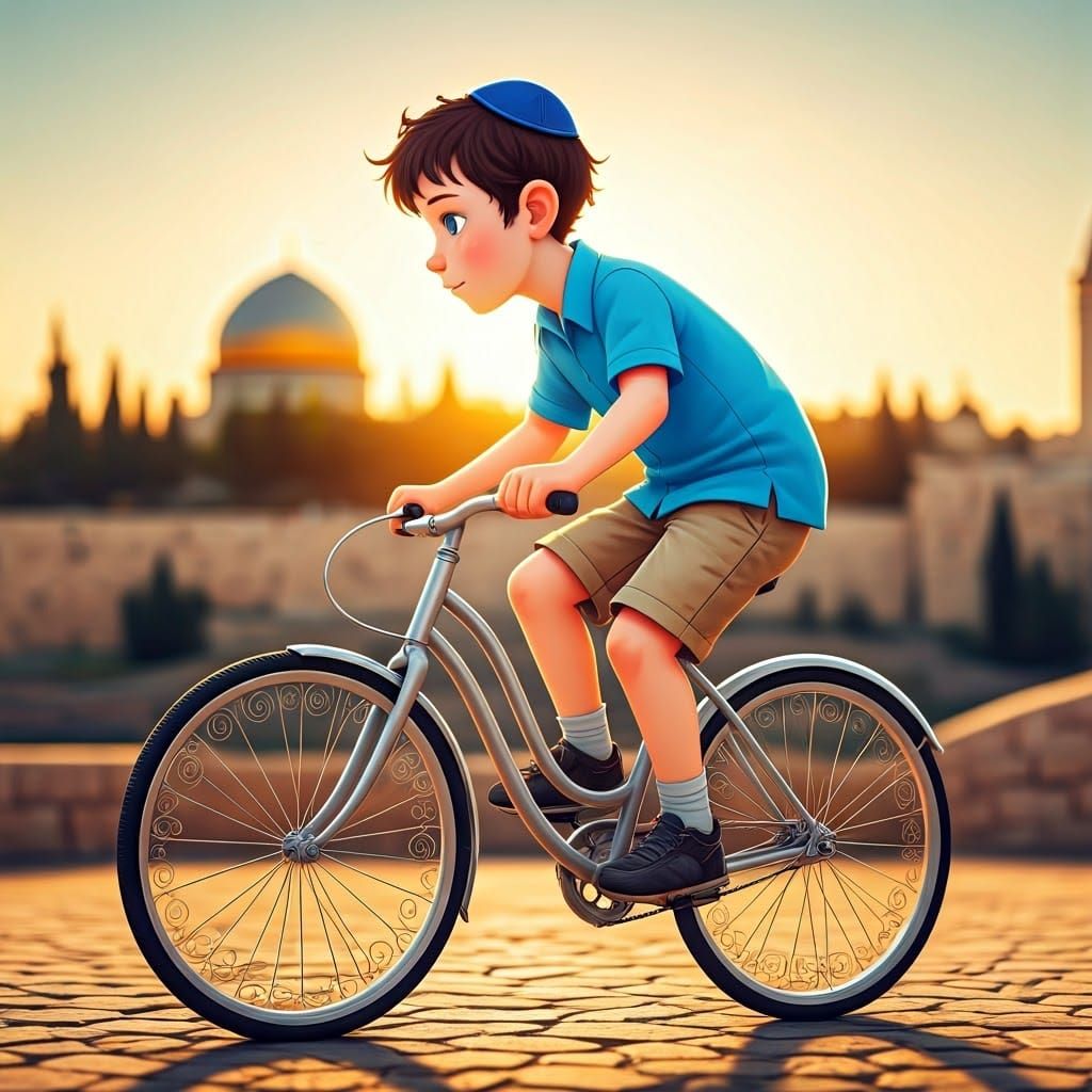 Orthodox Jewish Boy Rides Sleek Bicycle in Jerusal... - AI Art