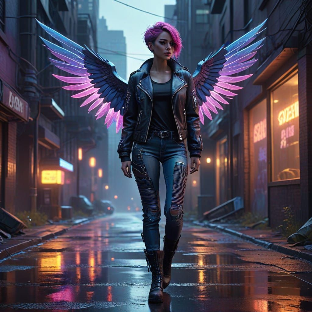 Cyberpunk Sprite in Shimmering Wings and Black Lea... - AI Art