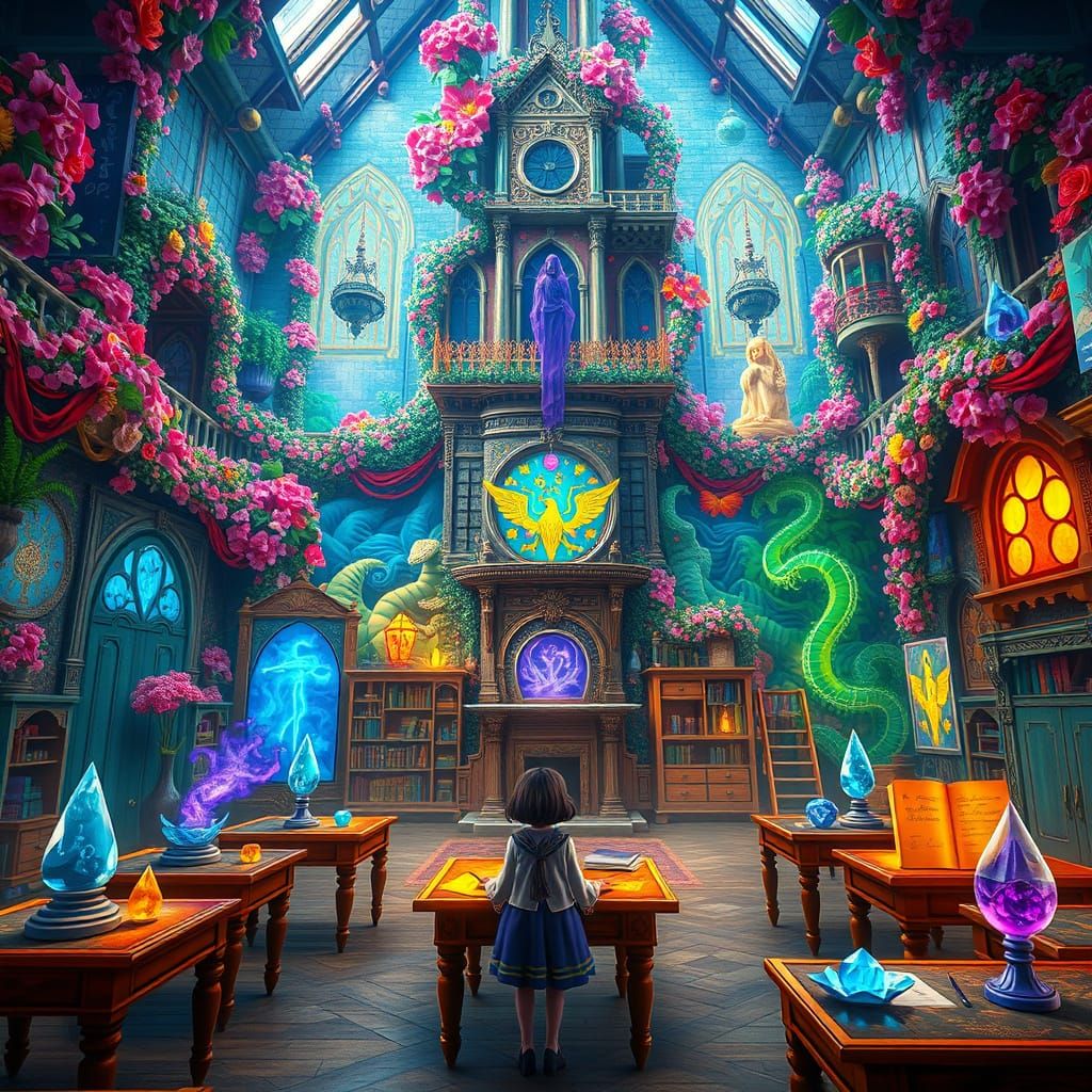 Young Witch Studying Elemental Magic in Floral Cas... - AI Art