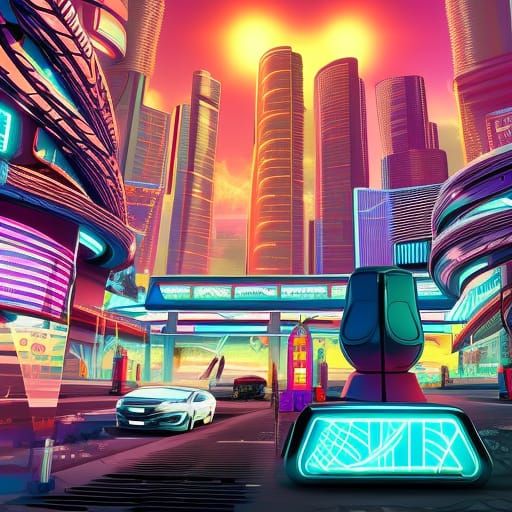 Futuristic utopian high-tech sci-fi smart city; graffiti, graffiti ...