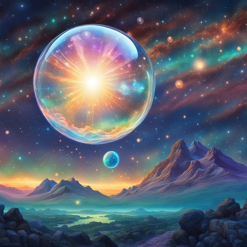 A transparent huge bubble comet came streaking across the star-filled sky in the style of ...