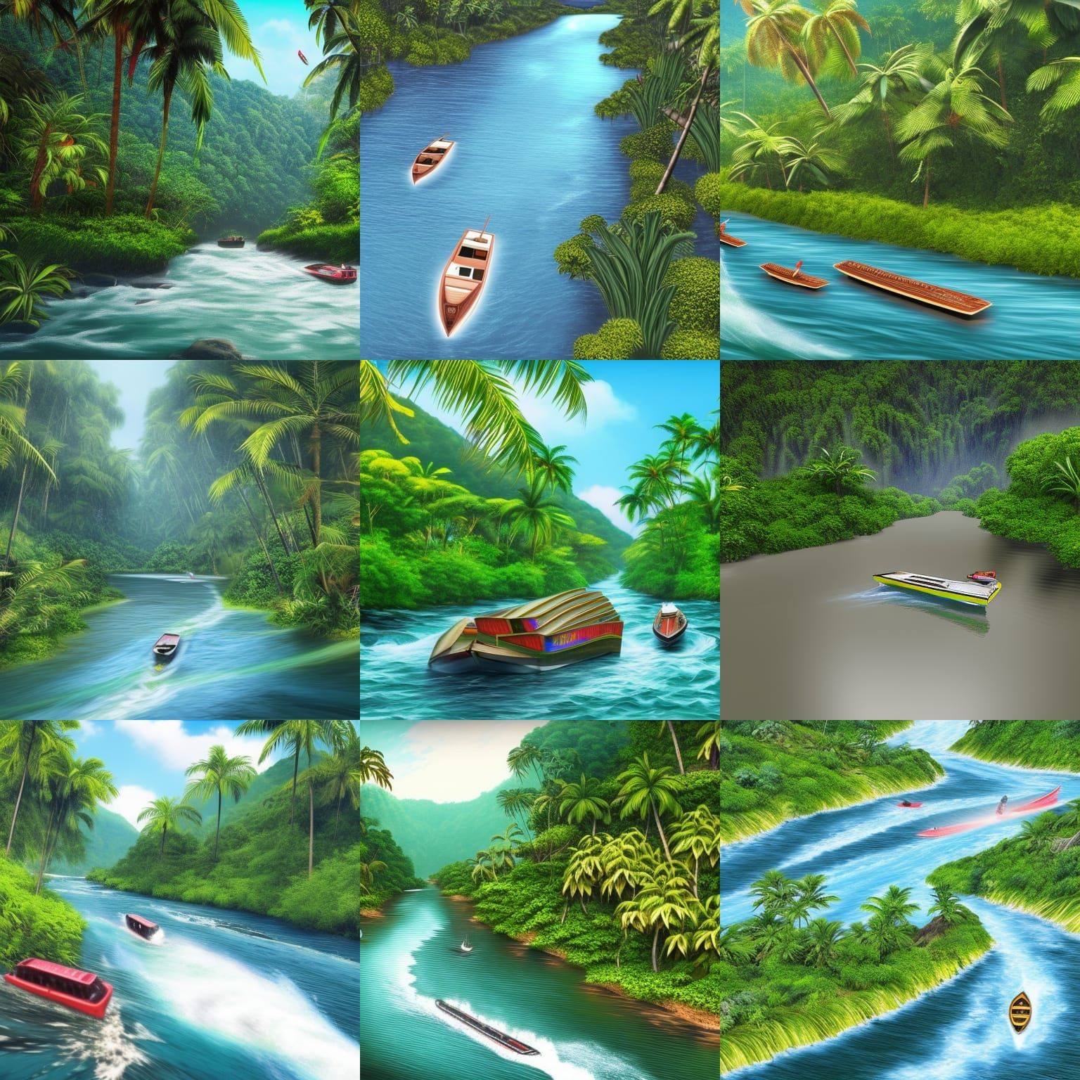 stunning, photorealistic AI ART masterpiece of boats racing downstream ...