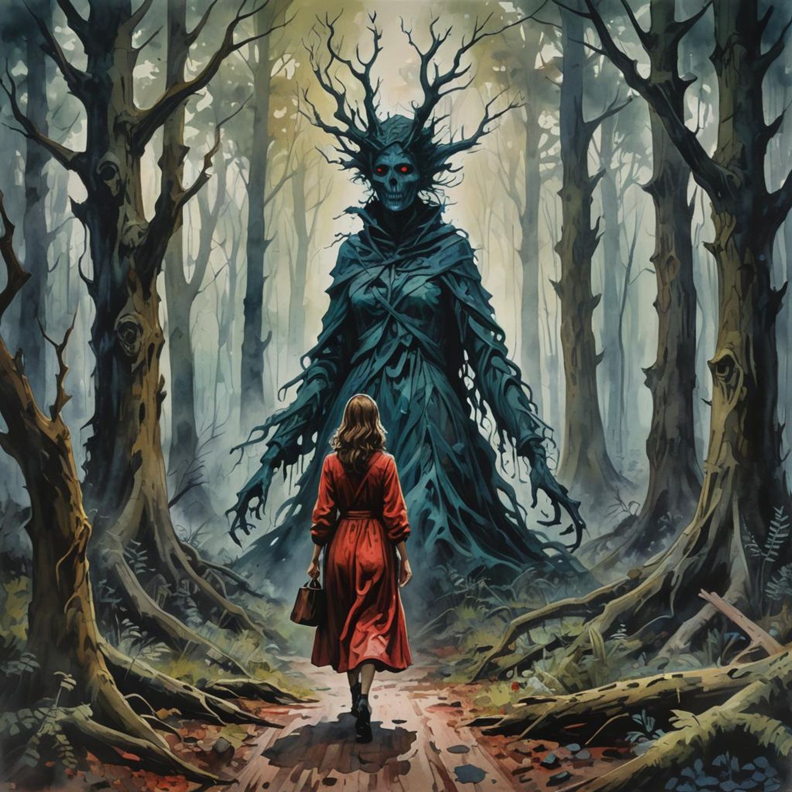 Fantasy horror, a young woman crossing the haunted forest, a large ...