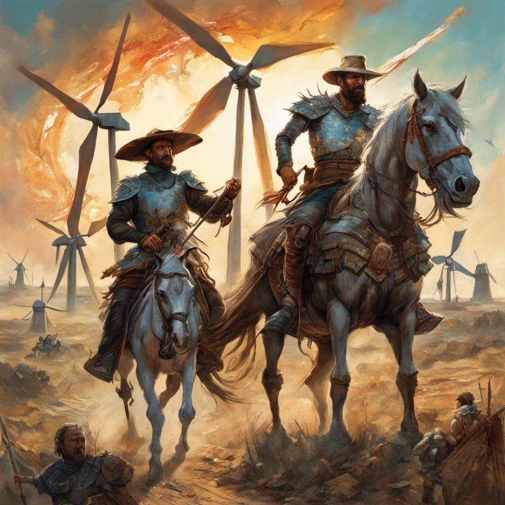 Epic fantasy Portrait Don Quixote and Pancho Villa fighting giant monster troll windmills ...