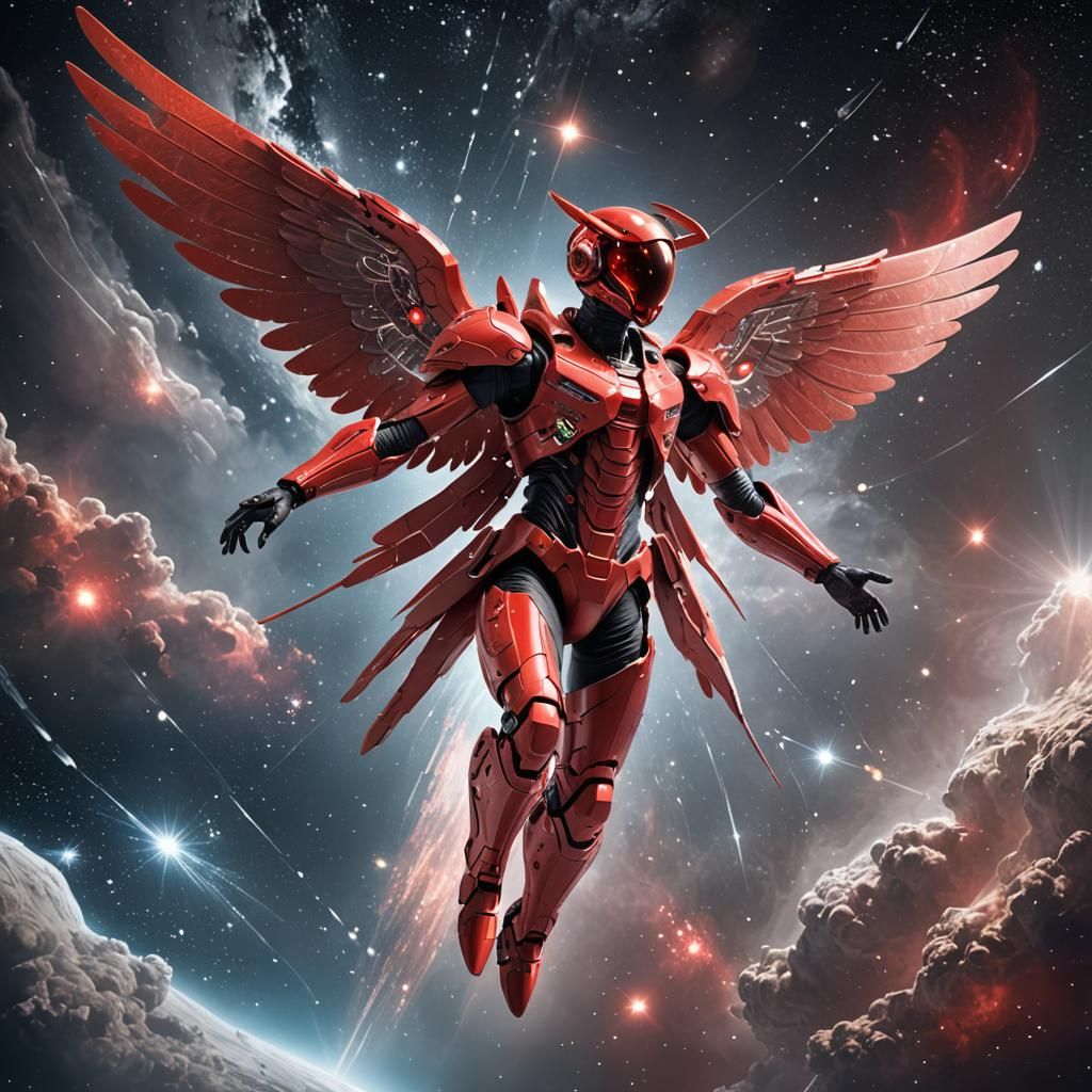 Red angel with high tech wings in space - AI Generated Artwork ...