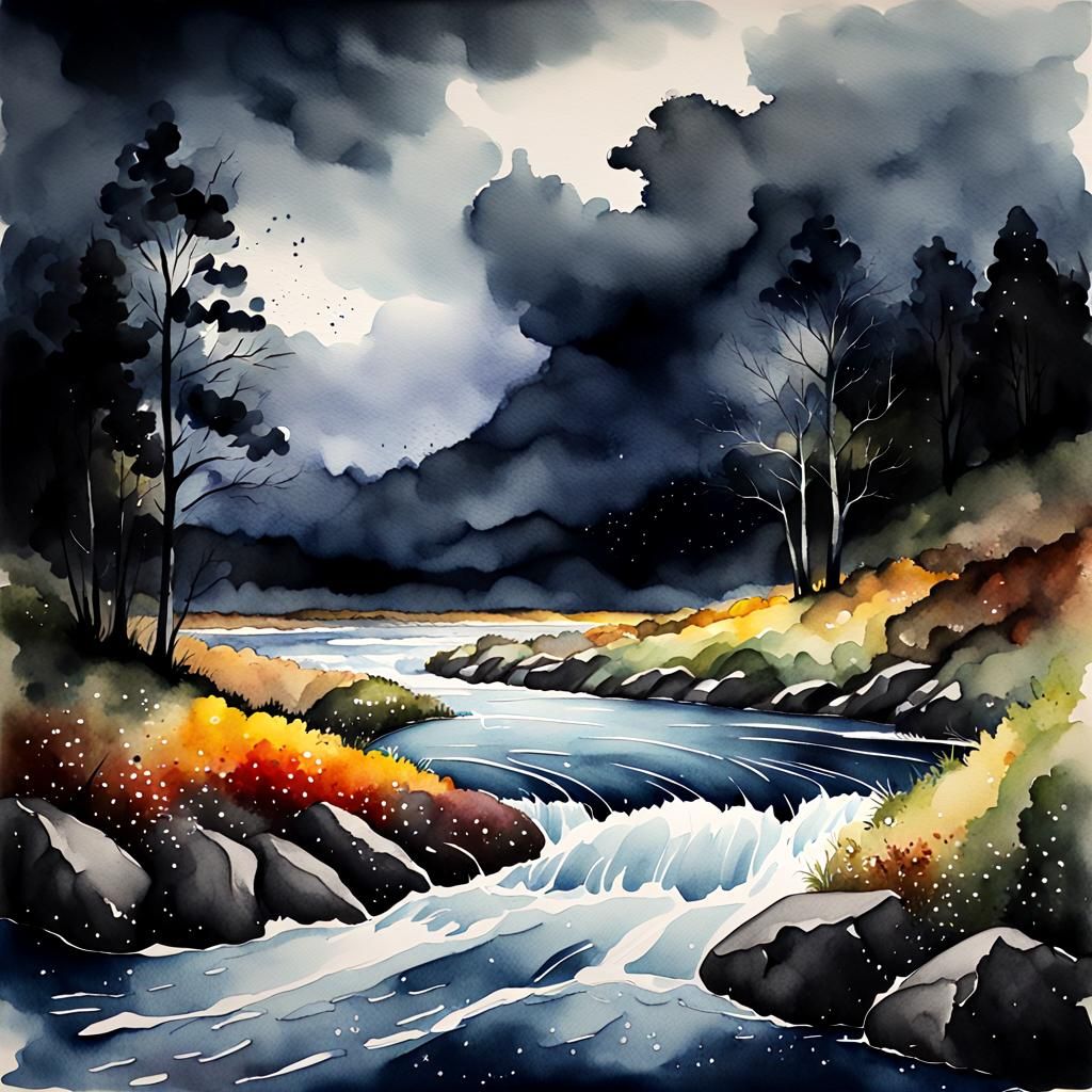 dark and moody watercolor art with a raging river and dark sky's ...