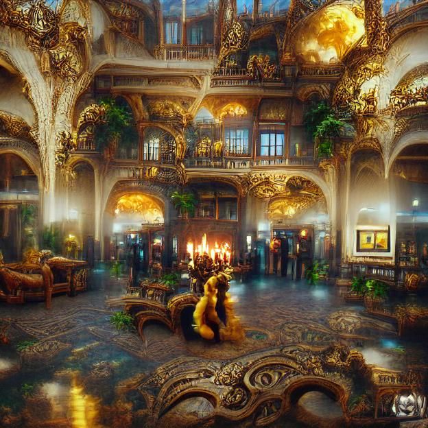 Ornate baroque hotel lobby beautifully lit Albert Bierstadt [8K 3D 8k ...