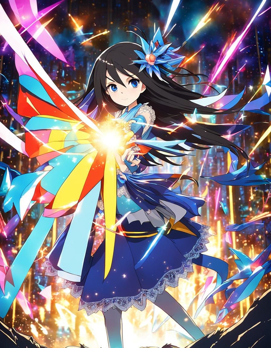 Stunning idol singer with cascading black hair with electric blue ...