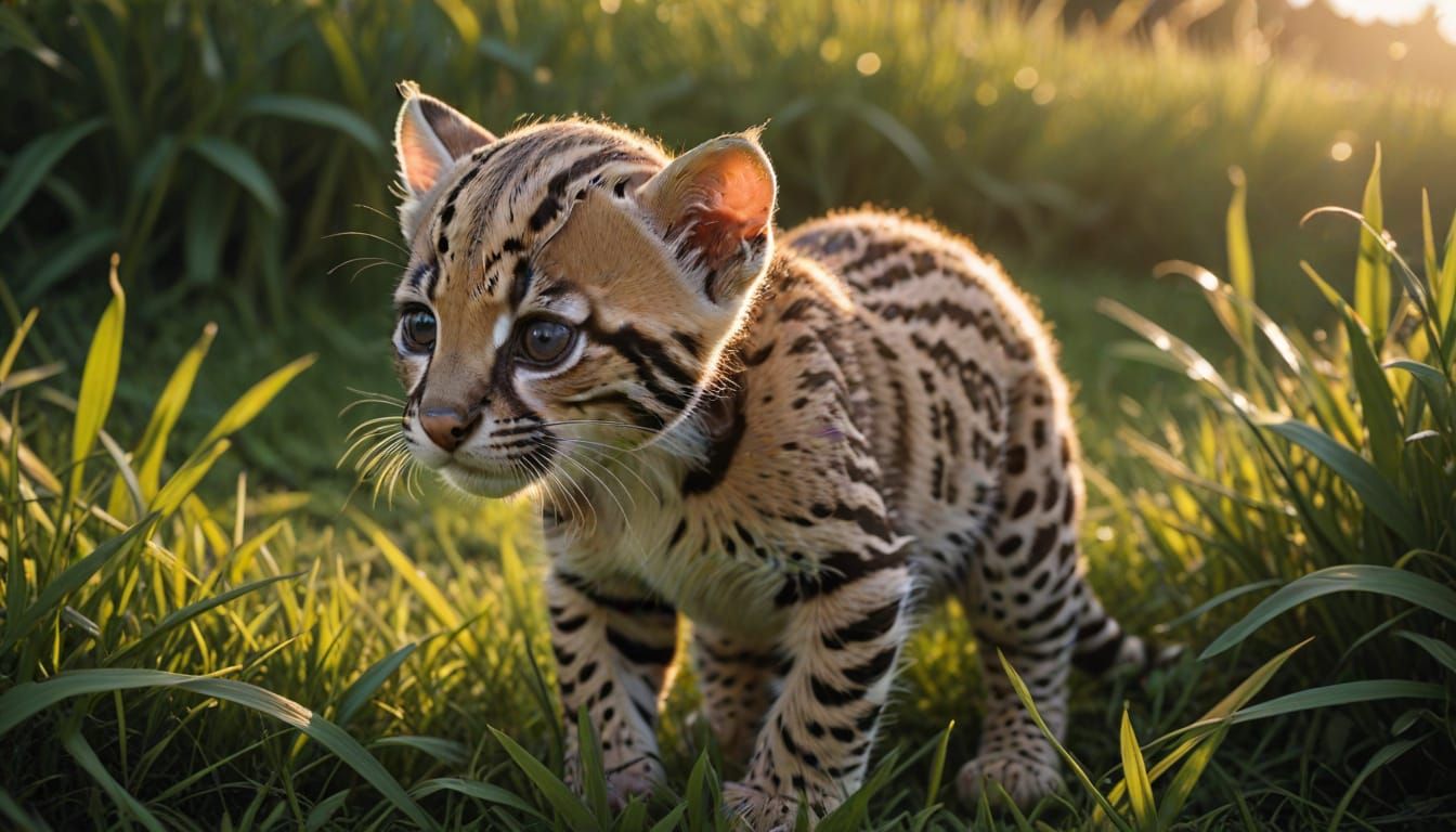 A close up photo of a baby ocelot crouching in the grass, high ...