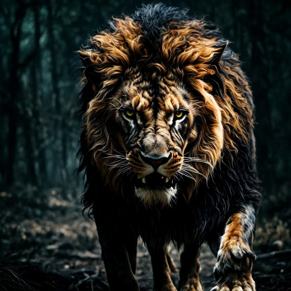 Fierce Dark Lion in Shadowy Terror - AI Art