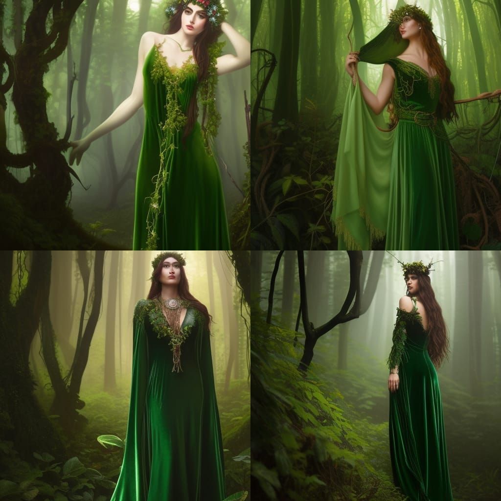 Beautiful Celtic priestess dressed in green velvet dress, in a mystical ...