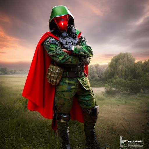 photorealistic, Sci fi Fantasy military-magician in red woodland ...