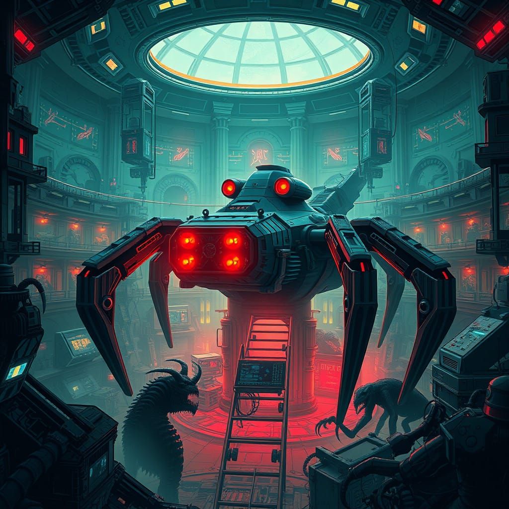 Dystopian Spider Tank in Neon-Lit Panopticon Barra... - AI Art