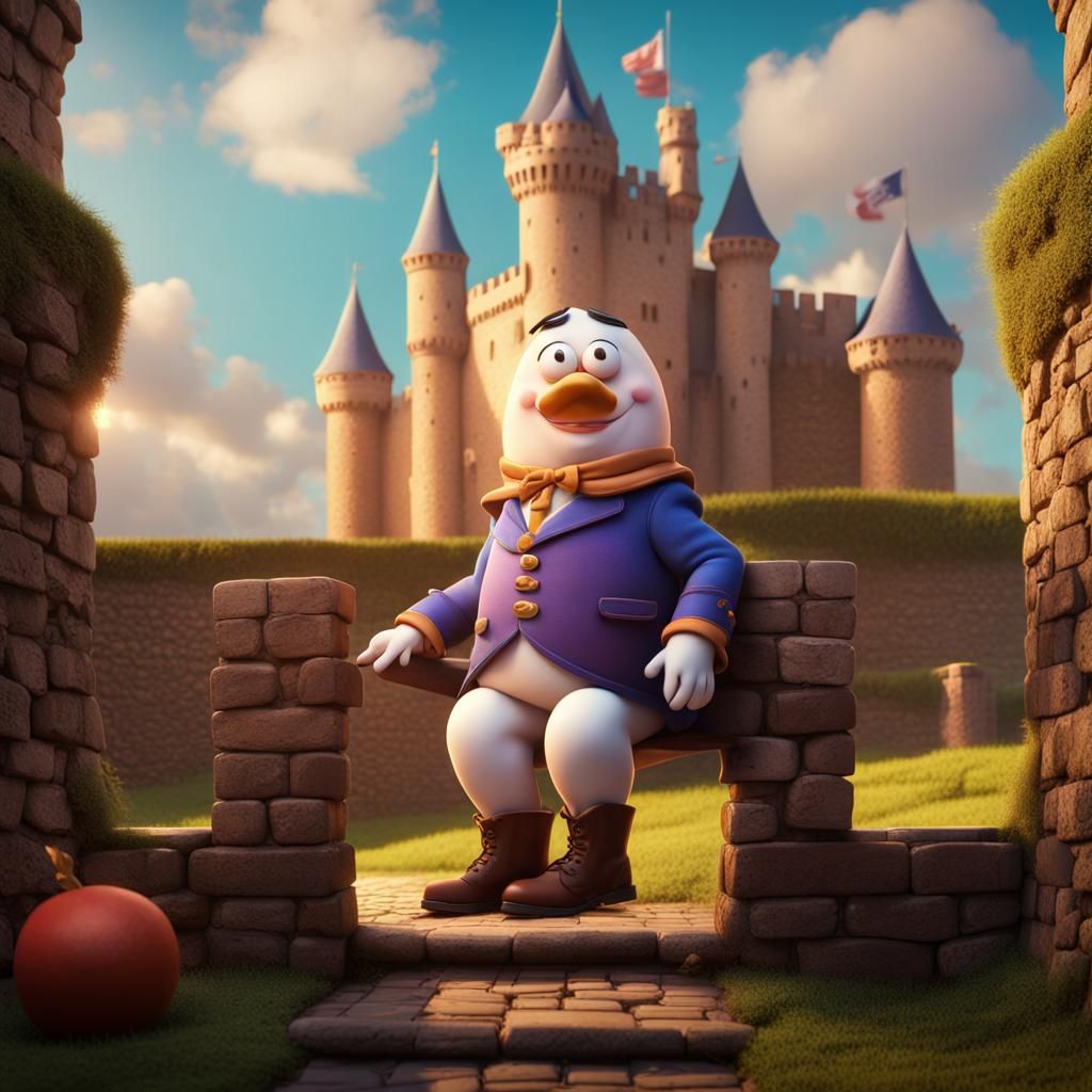 Humpty Dumpty sat on a wall in a mystical land outside of a castle ...