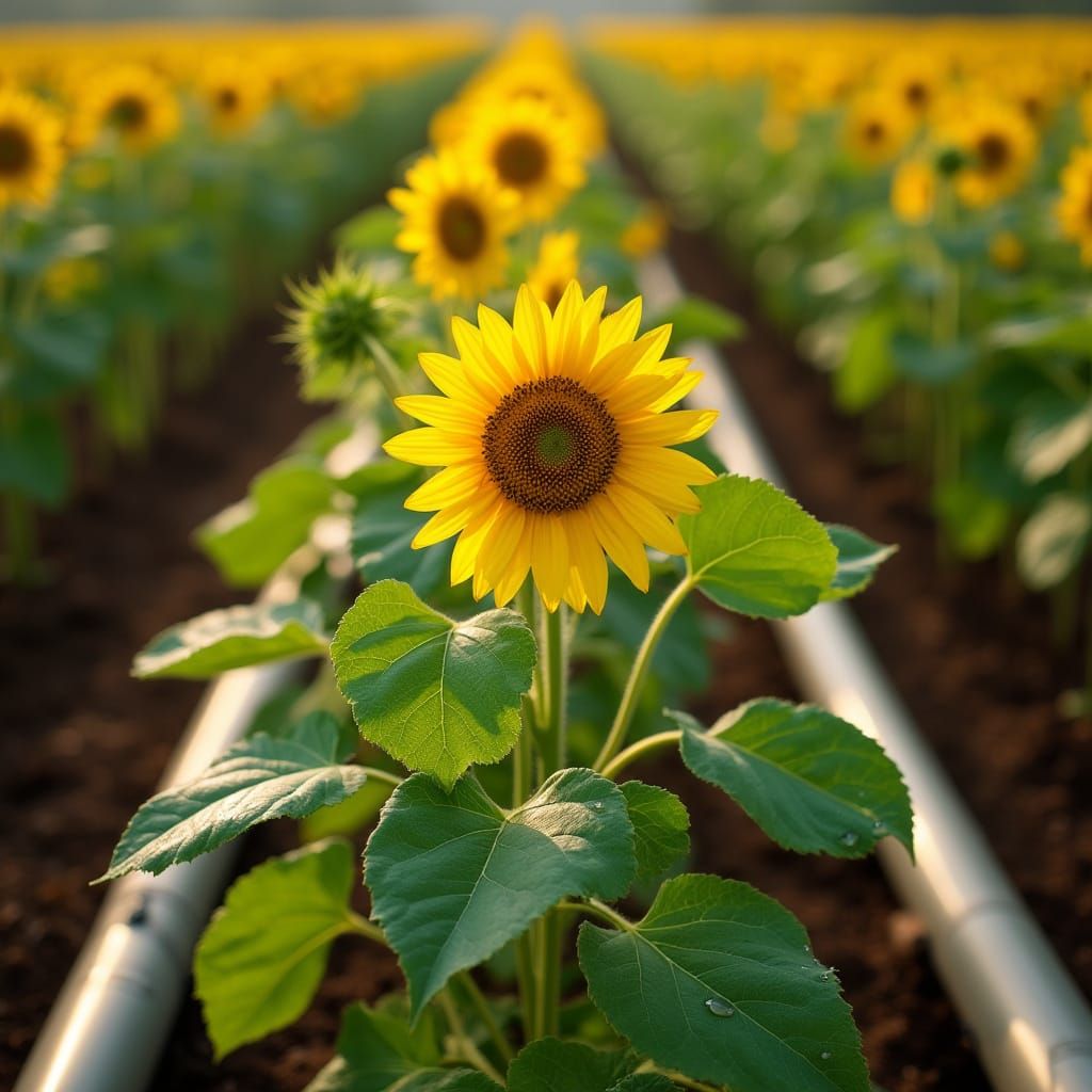 Vibrant Sunflowers and Emerald Lettuce in Hydropon... - AI Art