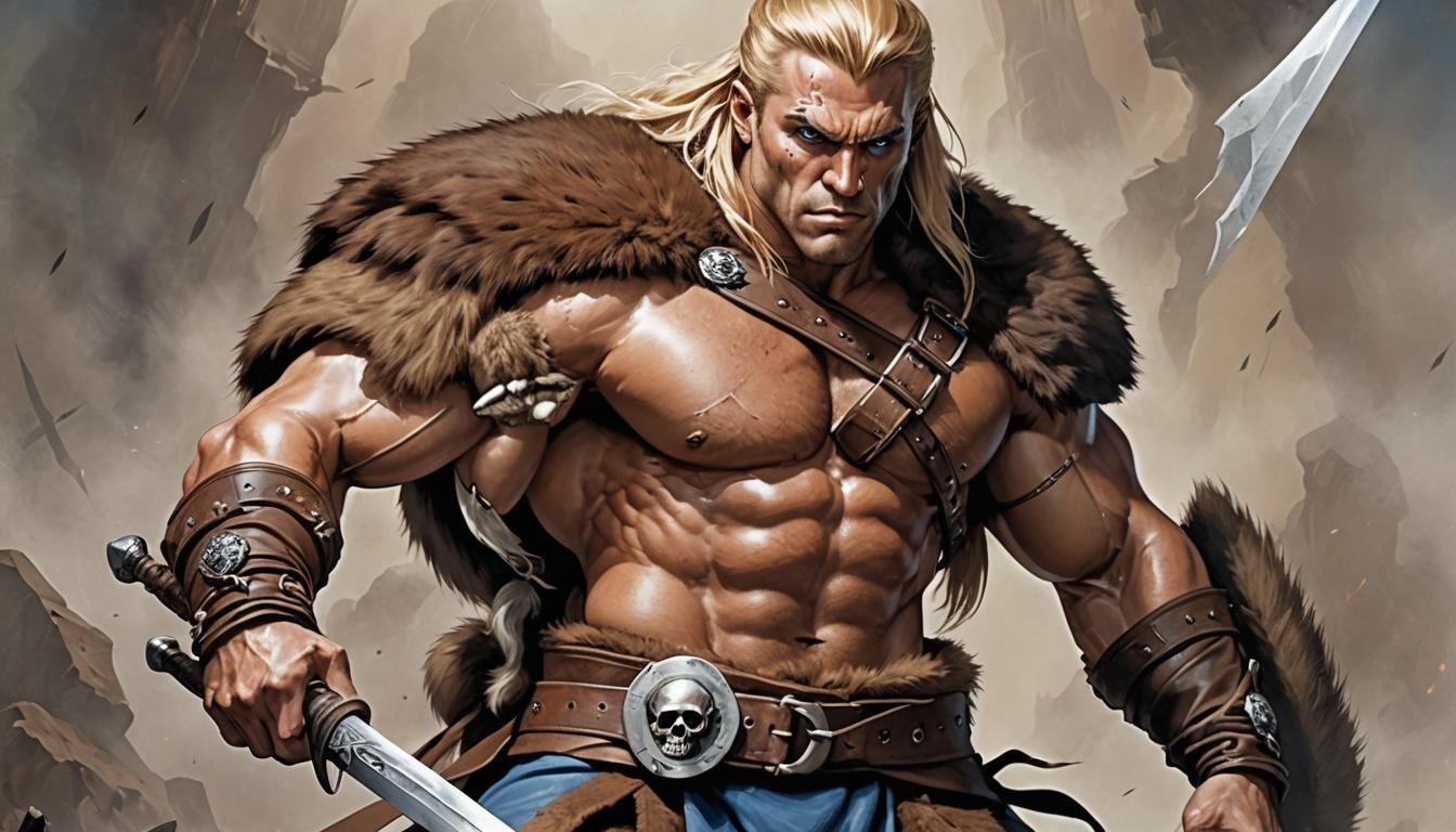 Anime DnD (he-man) style, barbarian male long hair tied back, tan tone ...