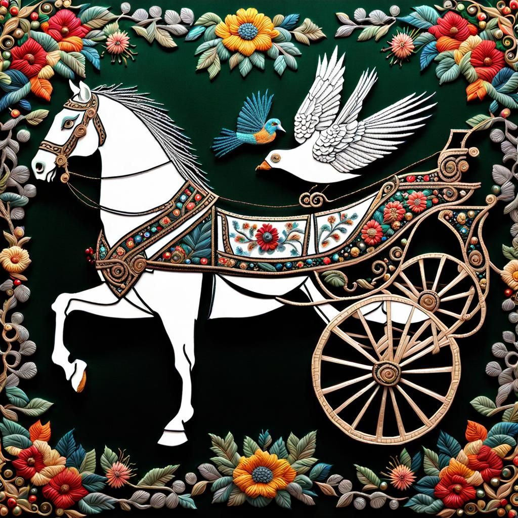 Embroidery : Horse Carriage Birds Flowers Foliage - AI Generated ...