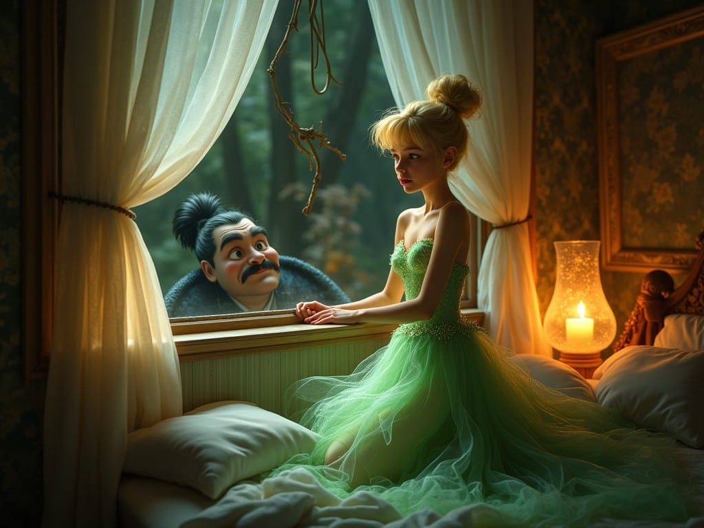 Tinkerbell in a flowing, green nightgown preparing for bed, catches ...