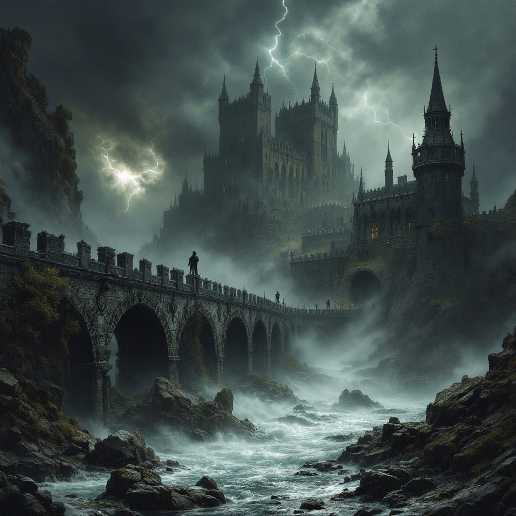 Gothic bridge - Medieval Gothic Bridge Under Dark Stormy Sk...
