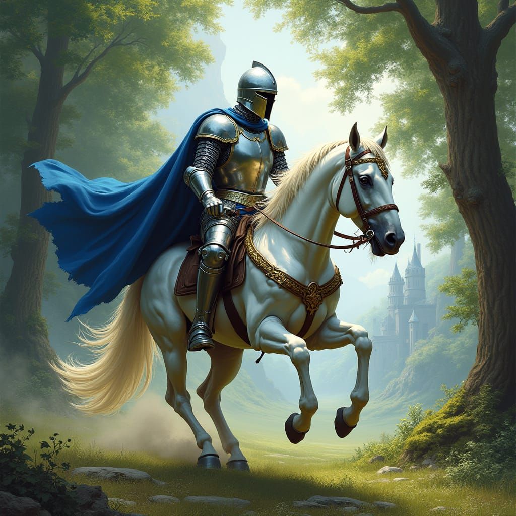 Majestic Knight Charges Through Enchanted Forest - AI Art