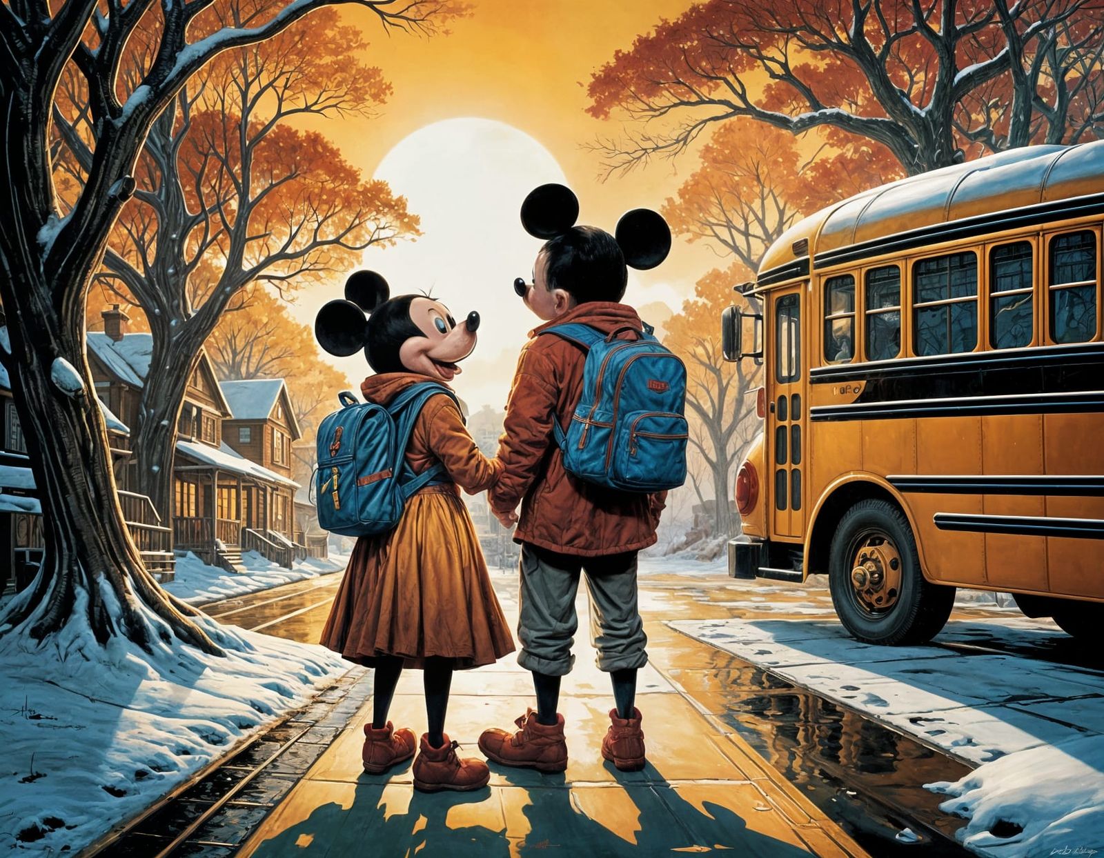 Mickey and Minnie Mouse: Home from school.