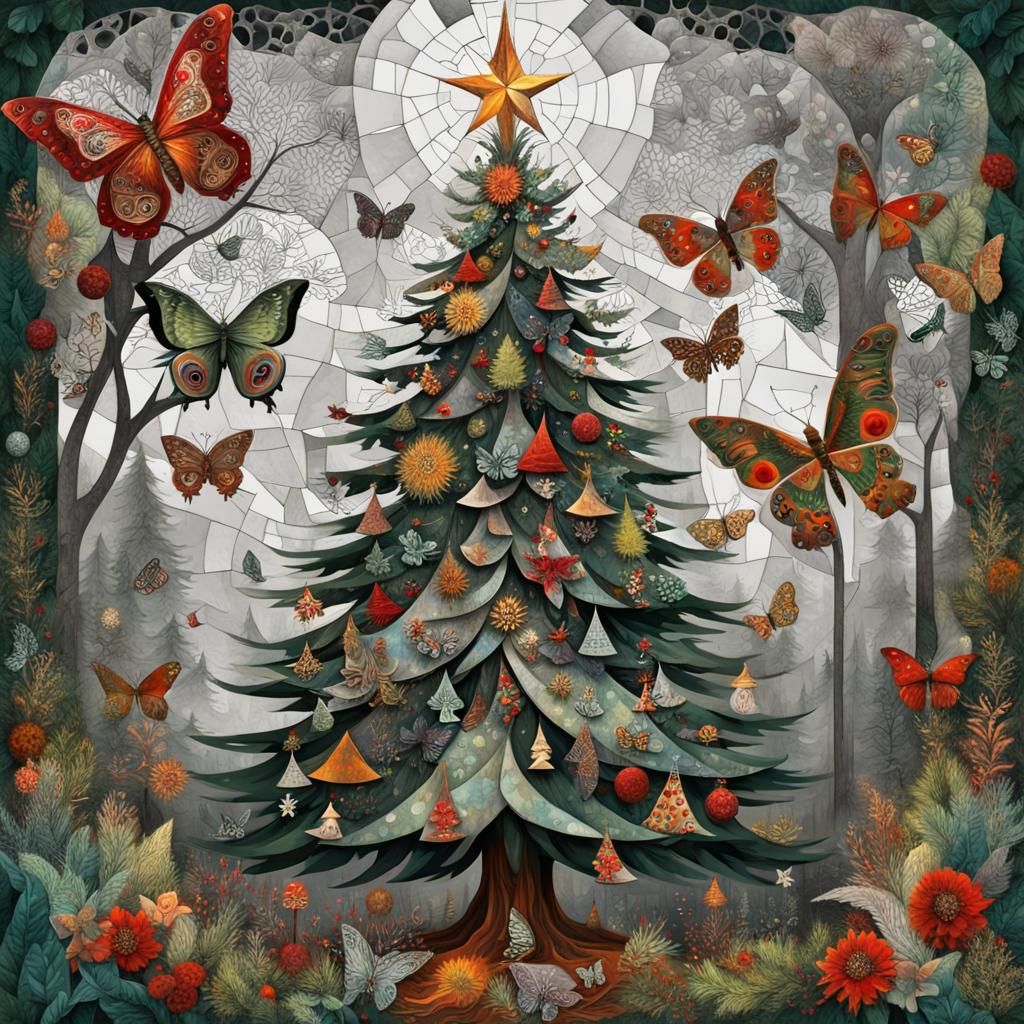 Christmas Tree, Patchwork, intricate details, Maximalism.Evergreen tree ...