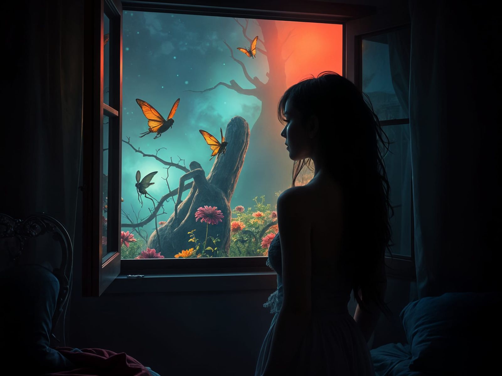 View out of a Window - Ethereal Horror Landscape Beyond a Be...