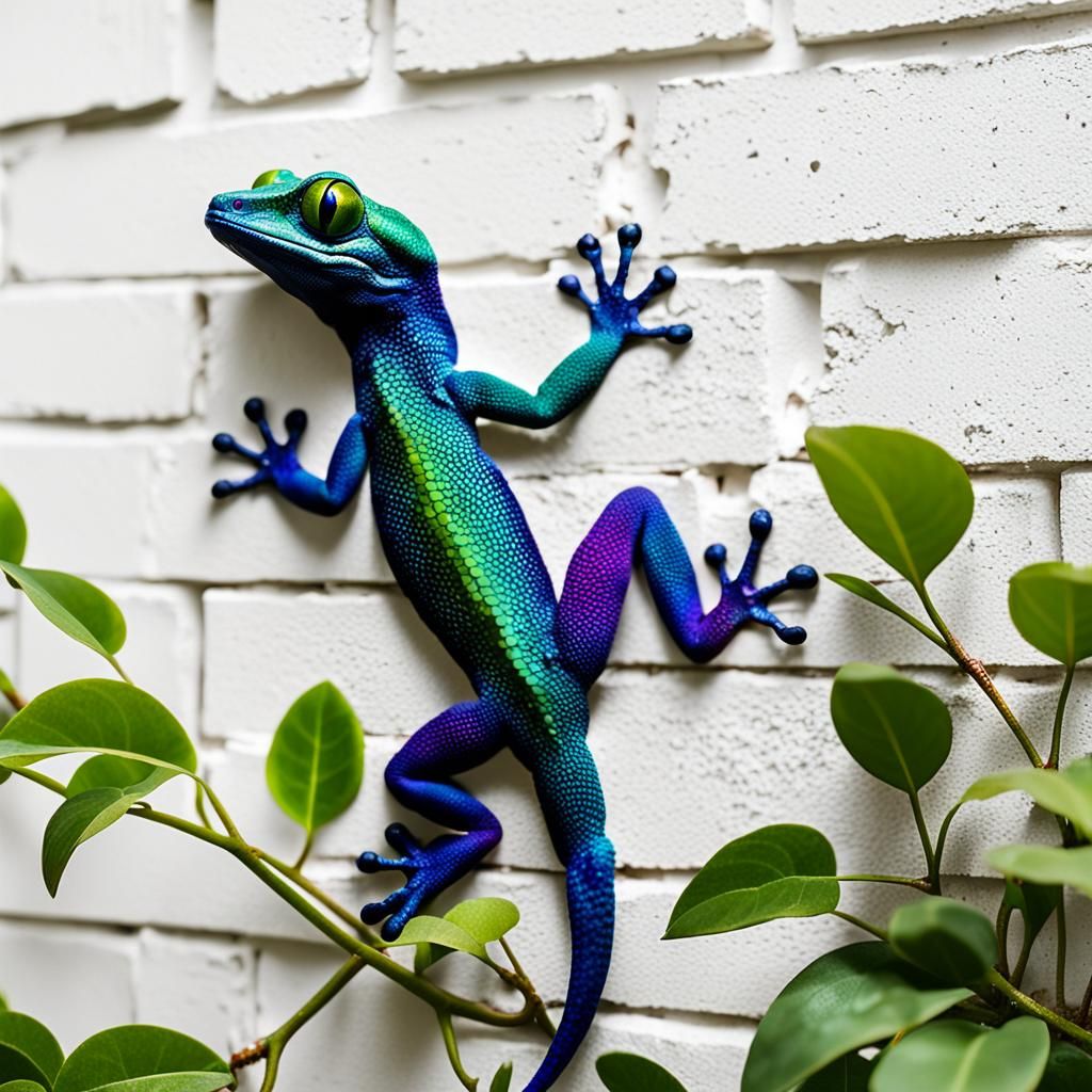 A surreal jewel toned gecko clinging onto a white brick garden wall ...