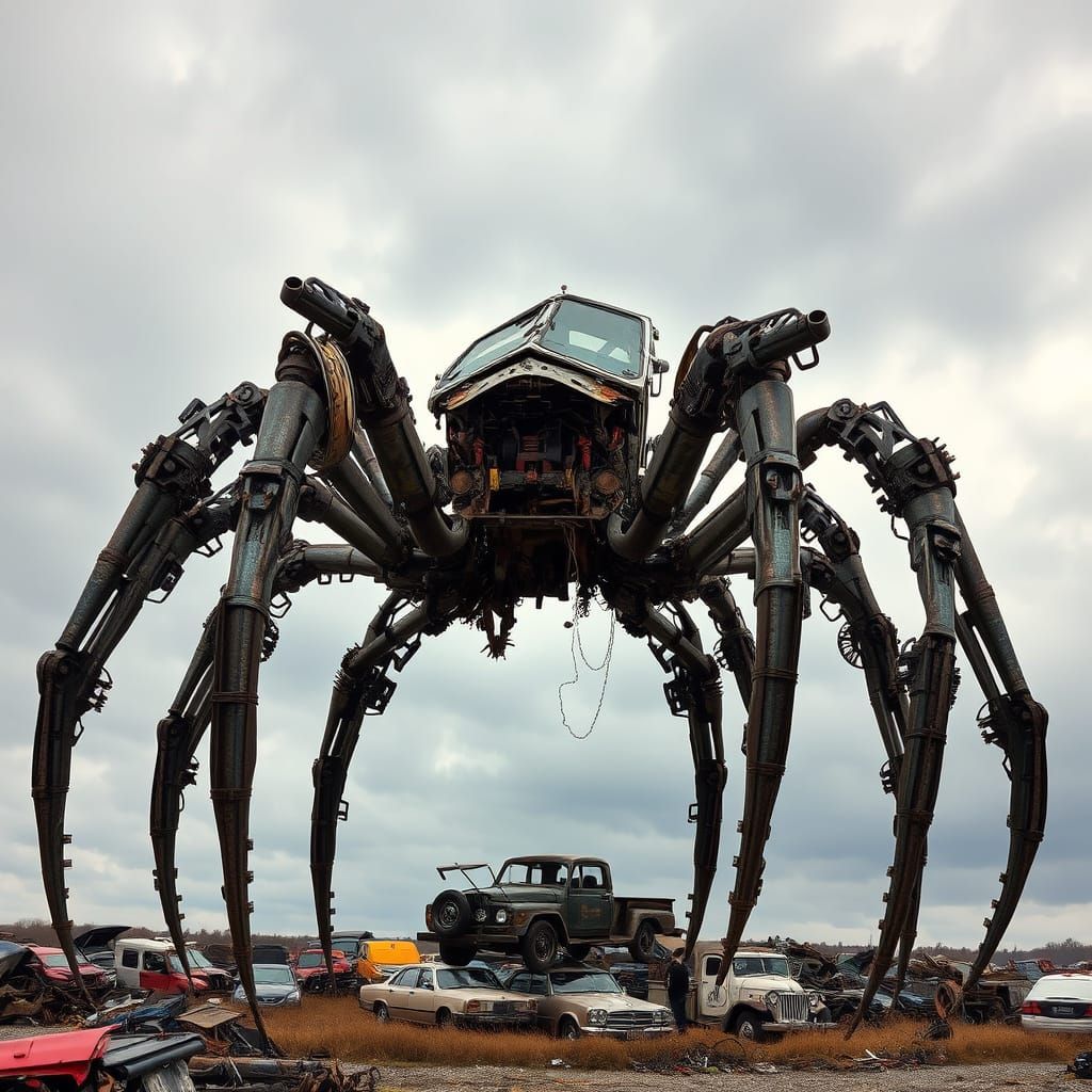 Mechanical Spider Sculpture in Industrial Decay - AI Art