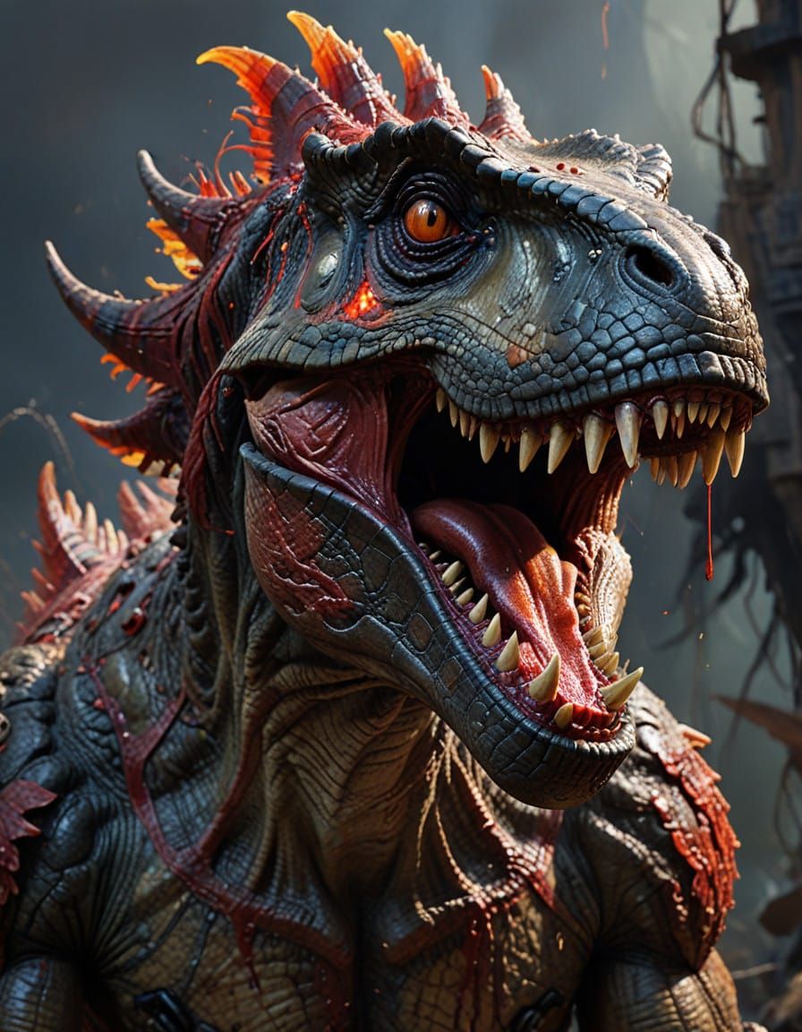 A highly detailed, close-up portrait of a ferocious gray-brown ...