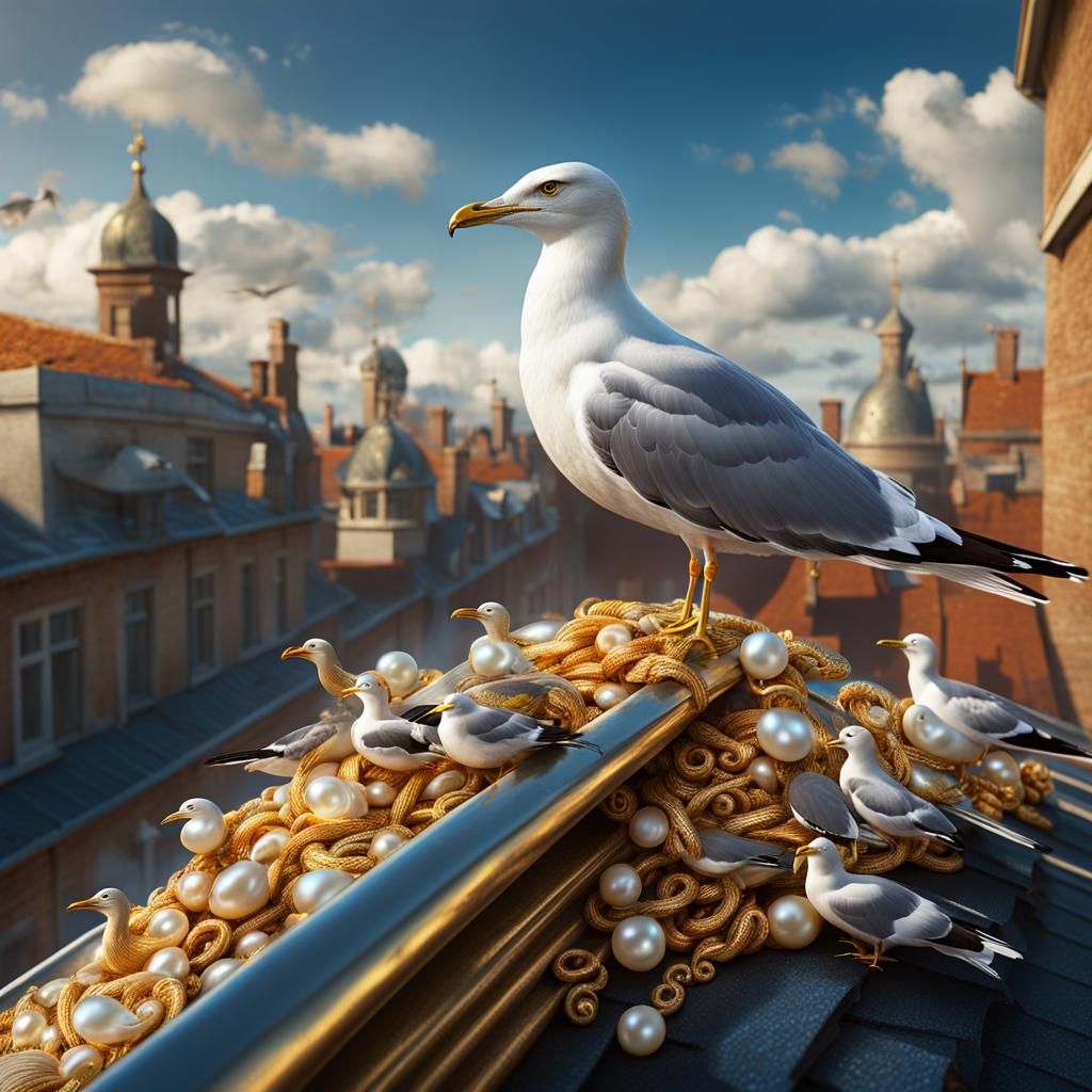 Surrealist seagull on a roof examining strange golden miniature gulls ...