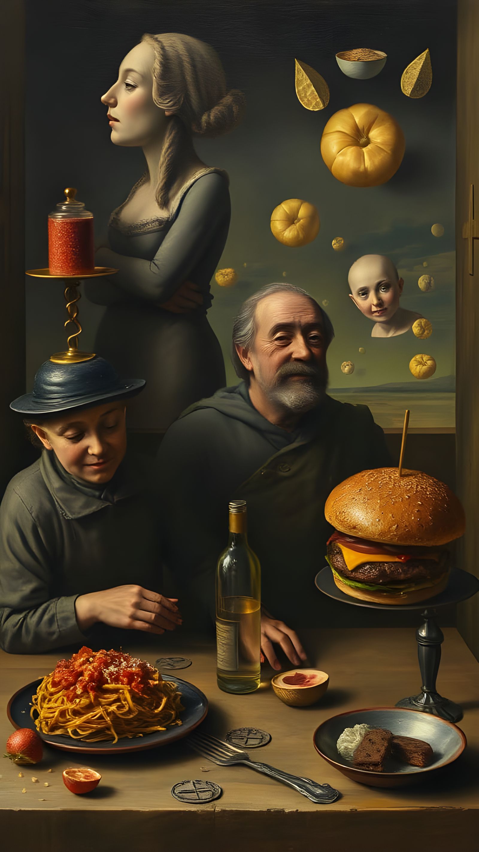 Dystopia "You can’t serve caviar and cheeseburgers from the same kitchen", color oil painting ...