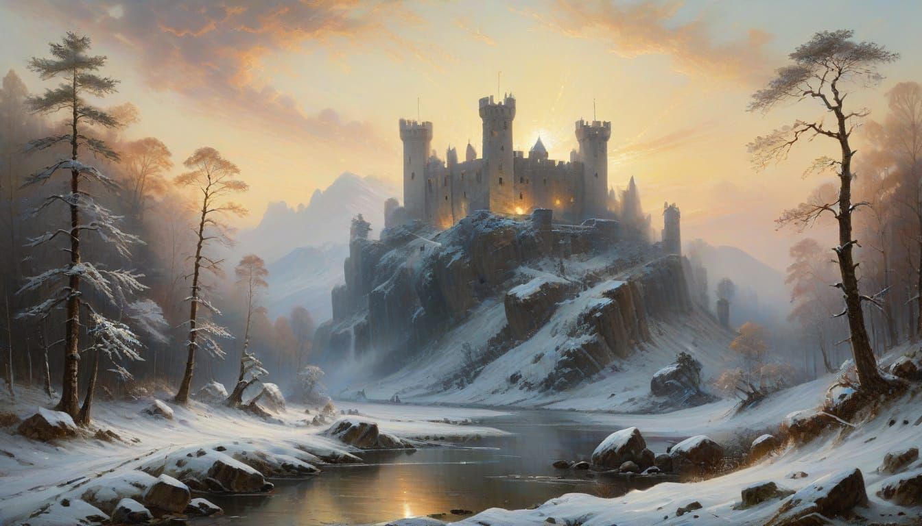 Snowy Castle Ruin - Ancient Castle Ruin in Snowy Forest, Mas...
