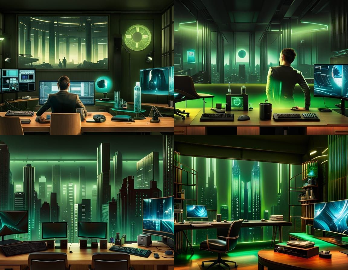 futuristic dual monitor computer gaming setup; Matrix code on the wide ...