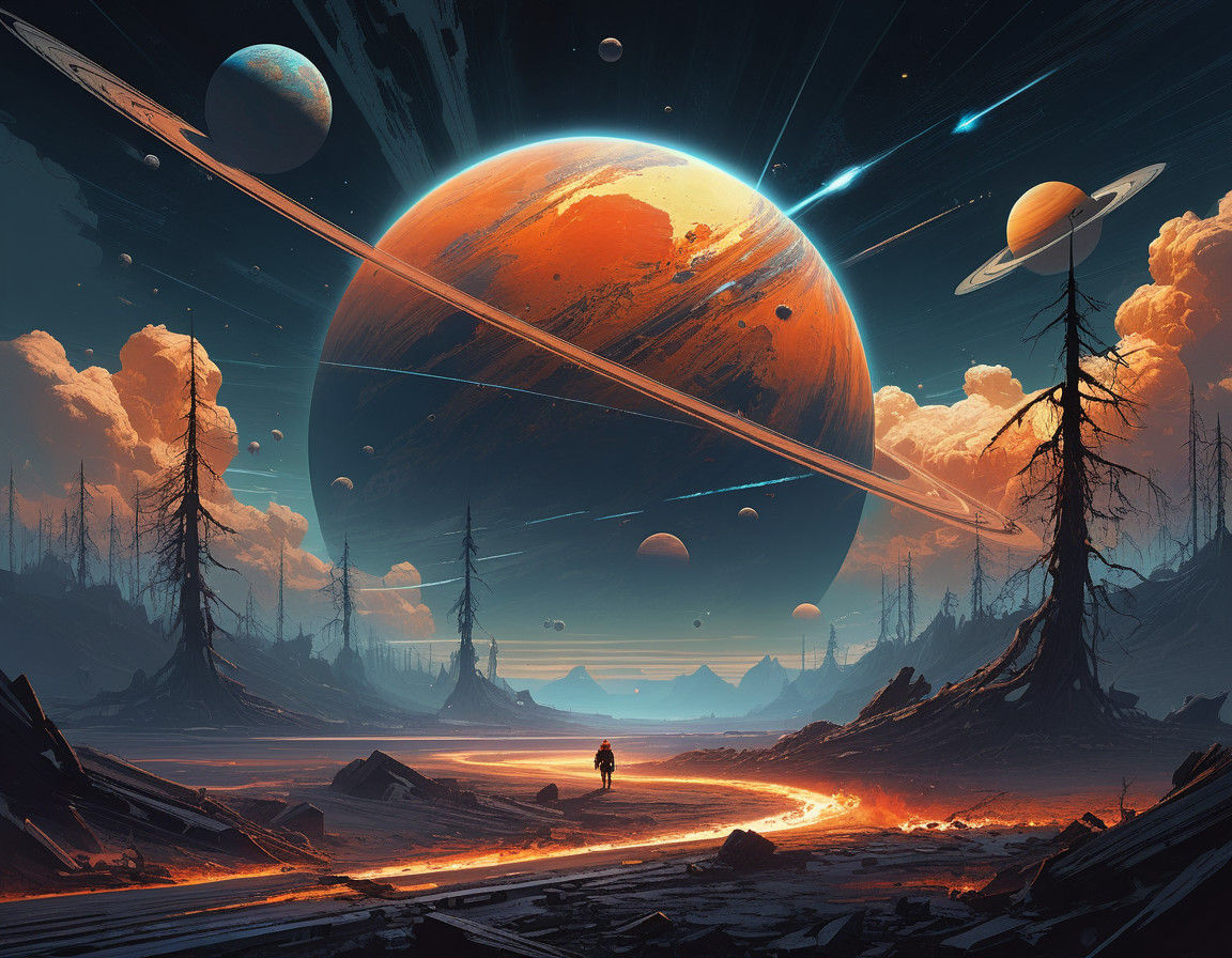 A colossal celestial collision, two planets, ablaze with fiery debris, smash together in a ...