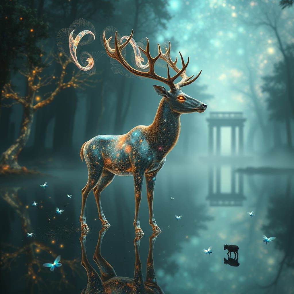 Majestic Celestial Stag in Glowing Crystal Forest - AI Art
